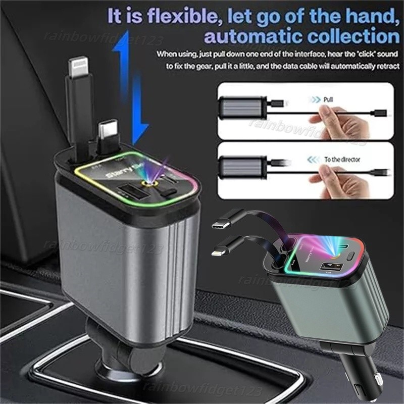 Retractable Car Charger Quick Charging 120W 4-in-1 USB TypeC Scalable ...