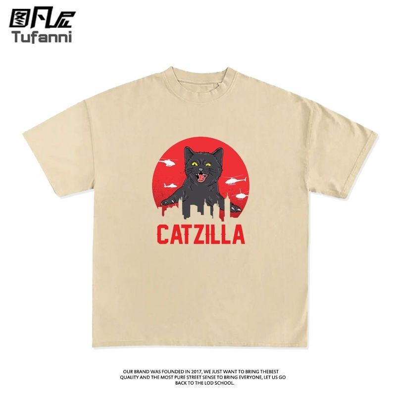 Cotton Meowzilla T-shirt Men's Japanese Retro Catzilla Cat Pattern ...