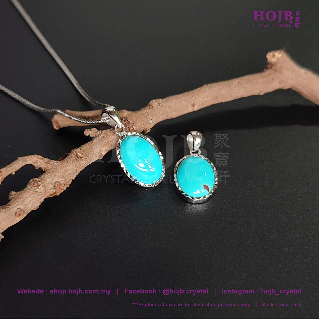 HOJB High Grade Hubei Blue Turquoise 5A Oval S925 Pendant 10x14mm 聚寳軒优质湖北蓝土耳其石(绿松石)5A椭圆形S925银吊坠 ...