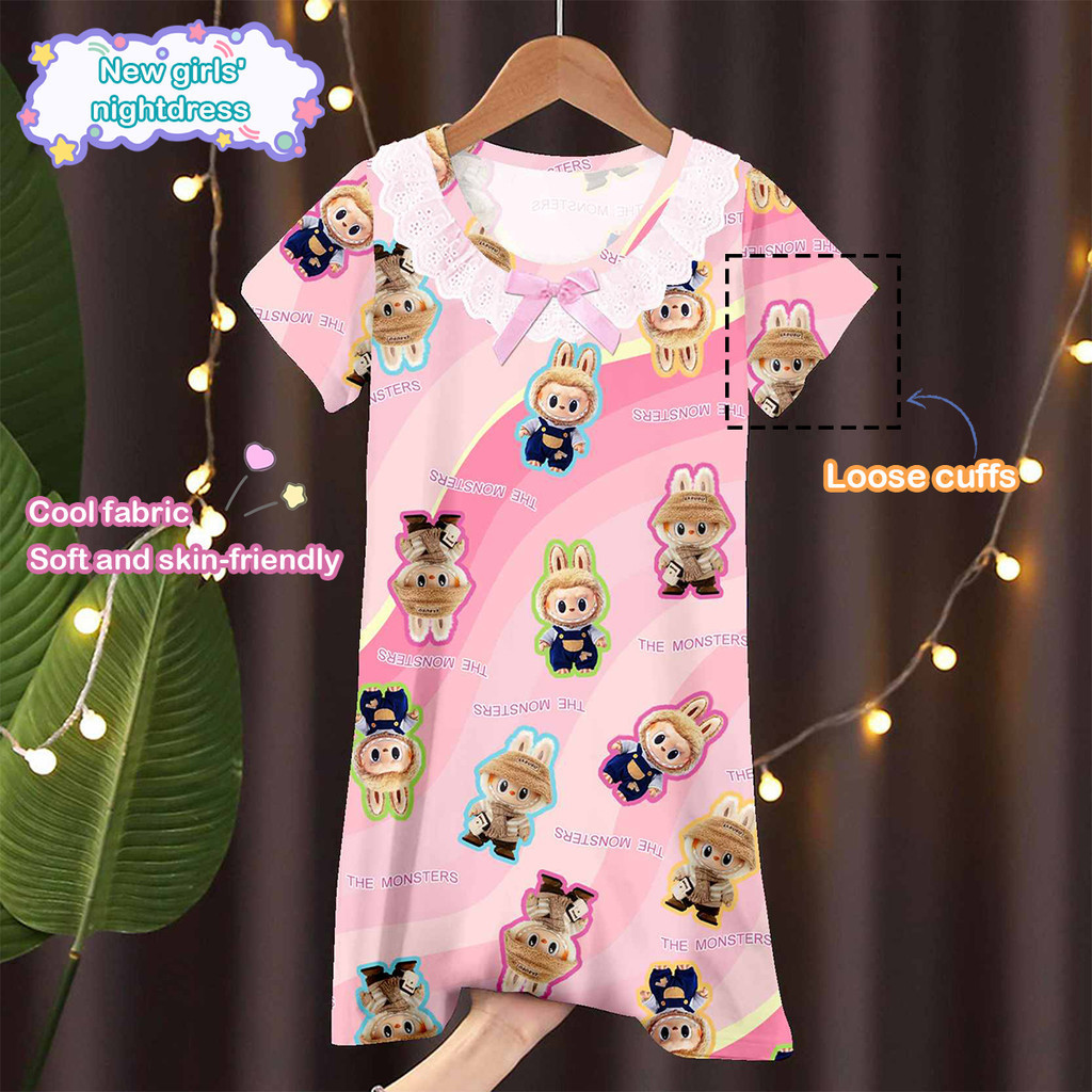 🔥Gift🔥Labubu Girls' Nightgown - Cute Cartoon Short Sleeve Pajama Set ...