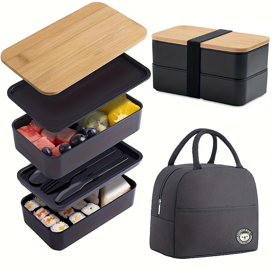 1 set of lunch box set with lunch bag and cutlery, lunch container with ...