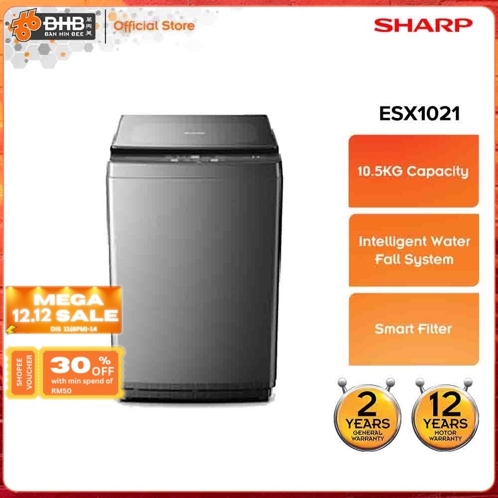 Sharp ESX1021 10.5kg Washing Machine Stainless Steel Drum with 7 Wash ...