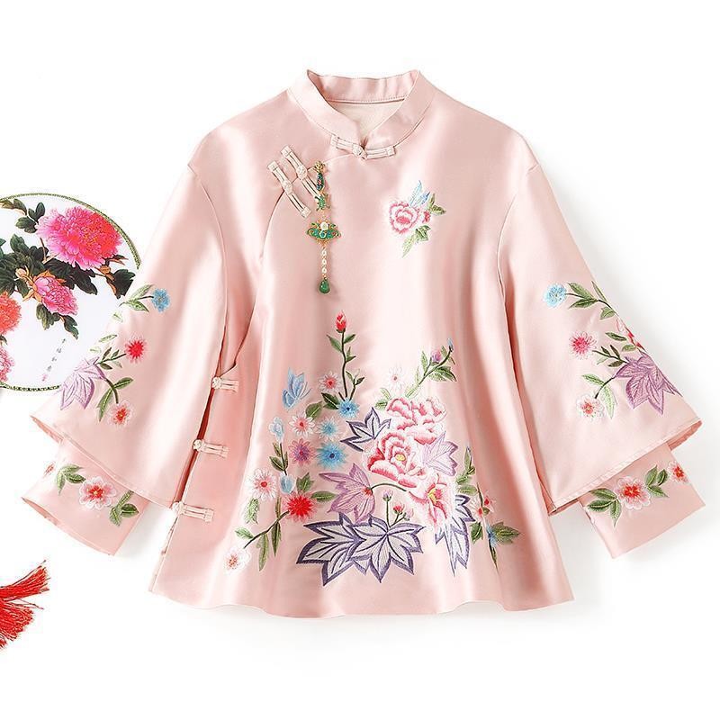 Chinese Style Top Women 2025 Retro Diagonal Buckle Embroidered Stand-Up ...