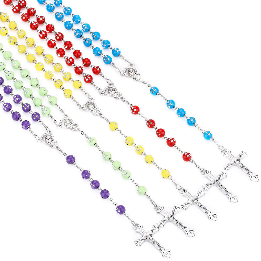 Religion Rosary Necklace For Women Long Crystal Acrylic Beads Chains ...