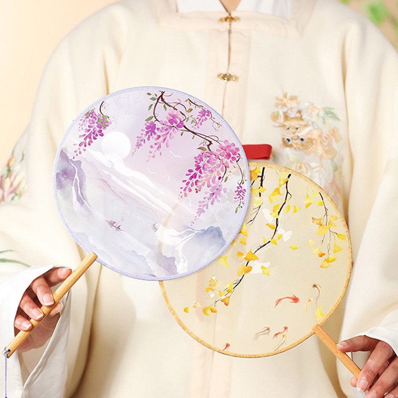 JIANJIA Vintage double-sided long handled small round fan with semi ...