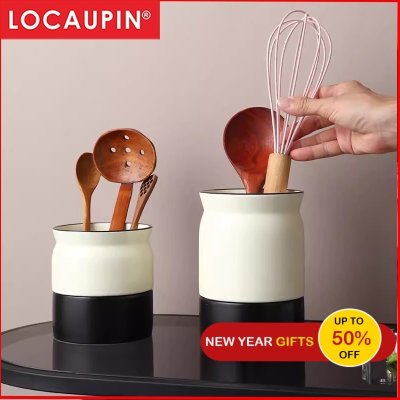 Locaupin Kitchen Utensil Holder Ceramic Utensil Organizer with Drain ...