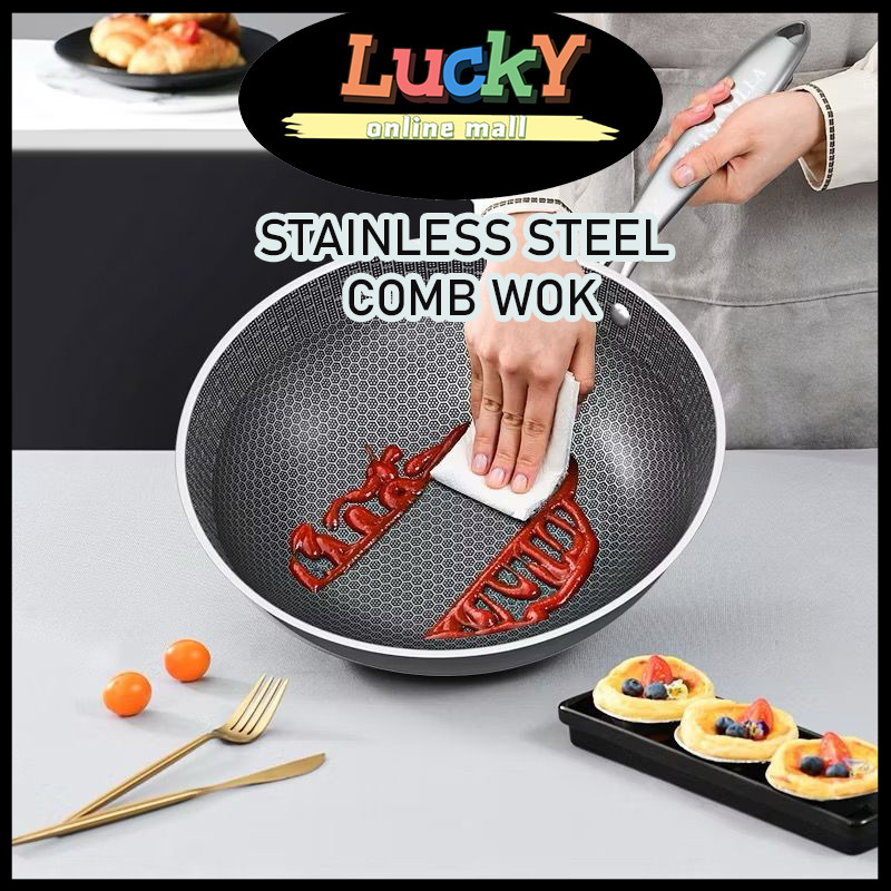 [LUCKY] Household Stainless Steel Non Stick Wok Frying Grill Pan Kuali ...