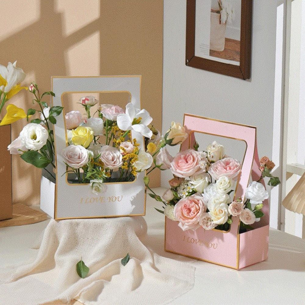 Flower Box Empty Bouquet Gift Bags with Handle Folding Cardboard Basket ...
