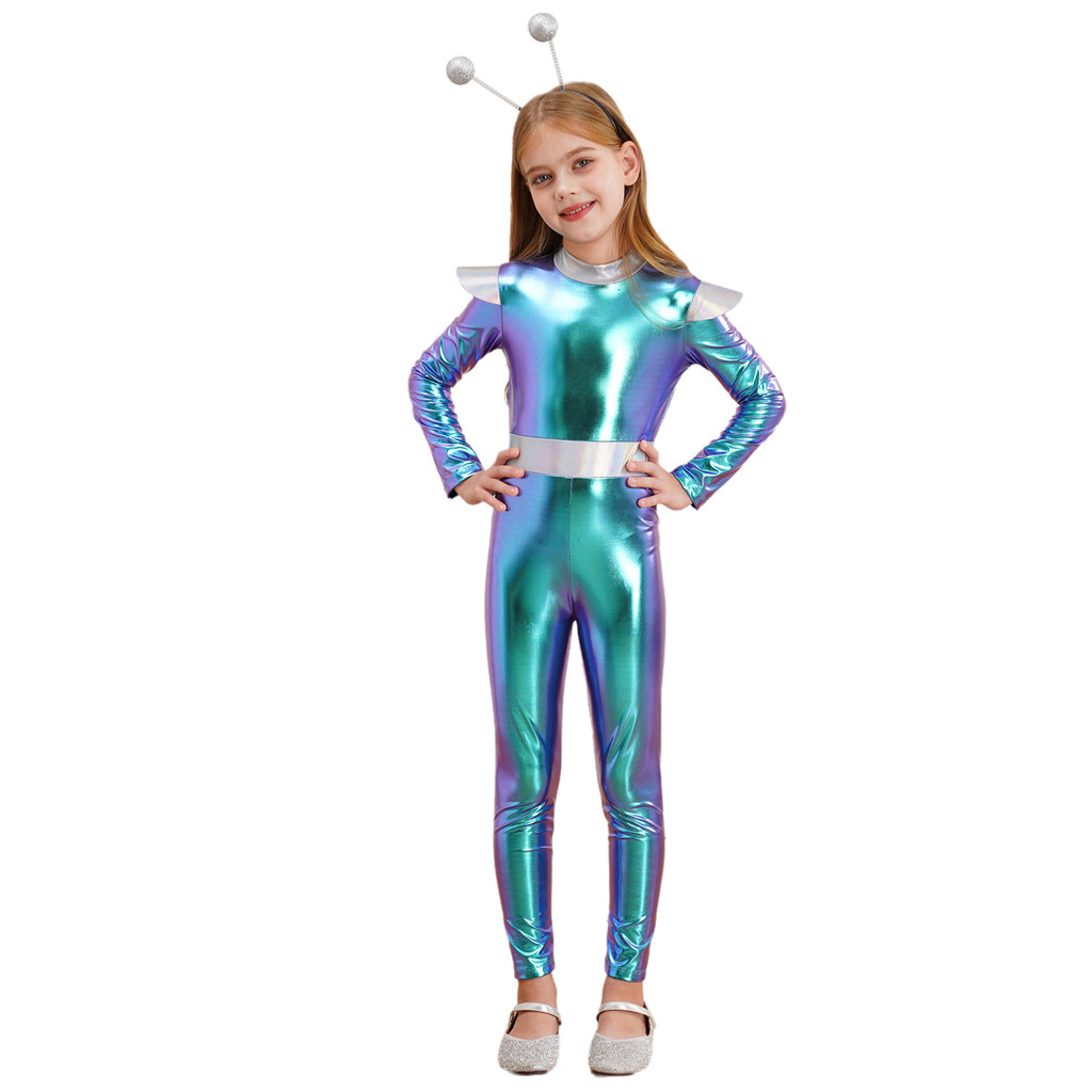 Kids Halloween Outer Space Alien Cosplay Costume Long Sleeve Shiny ...