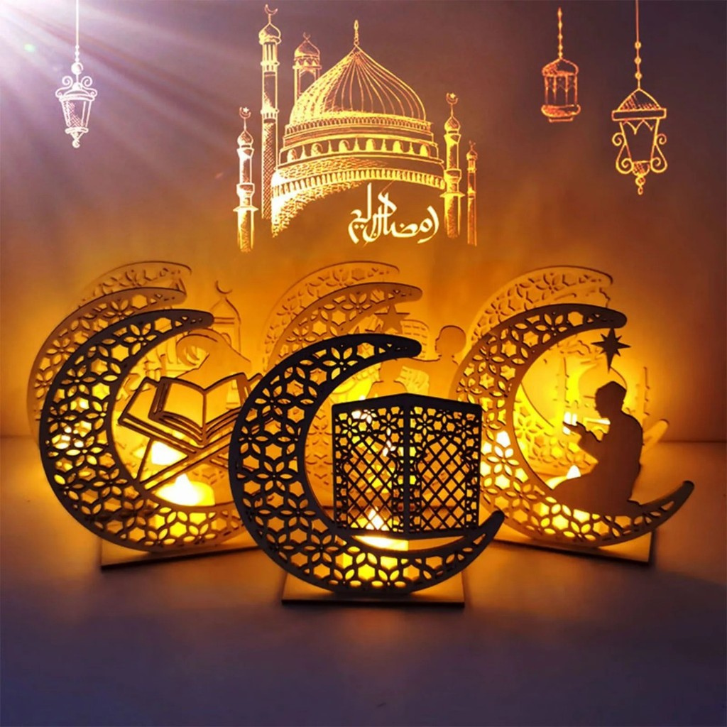 Pendant LED Light Wooden EID Mubarak Kareem Ramadan Candles Light Hari Raya LED Light Raya ...