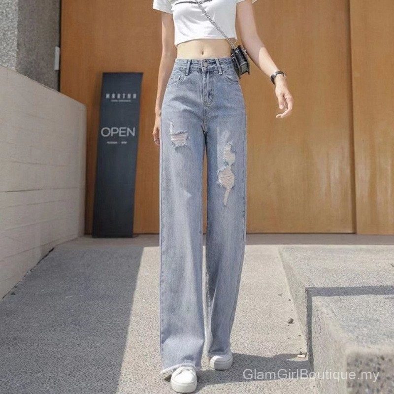 Wide-Leg Jeans Women's High-Waisted Slimmer Look All-Match Ripped Small Stra | Shopee Malaysia