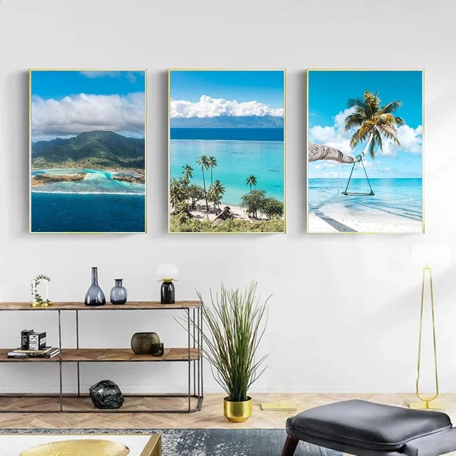 Nordic Seascape Poster Modern Bule Sky Sea Beach Ocean View Canvas ...