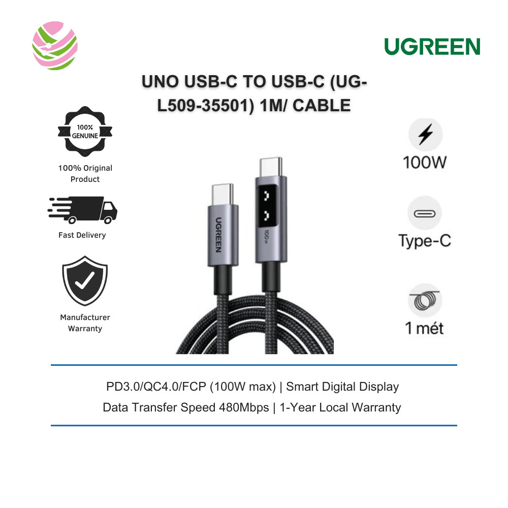 UGREEN UNO USB-C TO USB-C PD FAST CHARGING CABLE 100W 1M (UG-L509-35501) | Shopee Malaysia
