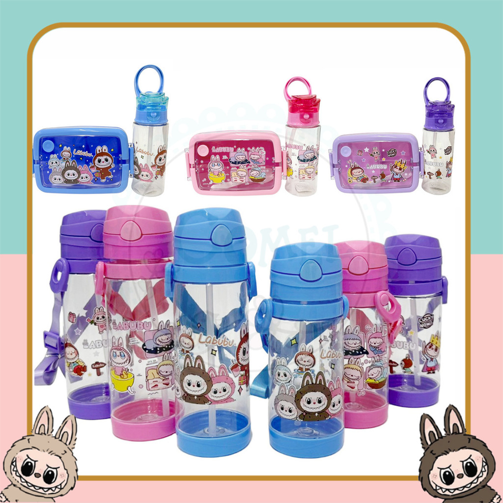 Comel Kids Cartoon Labubu Lunch Box Water Bottle with Straw Sekolah Air ...