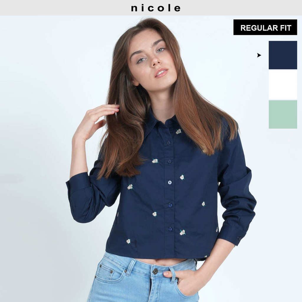 Nicole Fold Collar Front with Button Opening & Floral Embroidery Detail ...