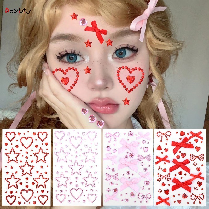 Red Pink Bow Diamond Face Self-adhesive Tattoo Stickers Star Love Heart ...