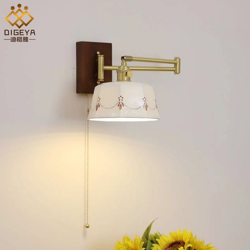 Wall Lamp Japanese Style Retro Brass Glazed Ceramic Rocker Arm Wall ...