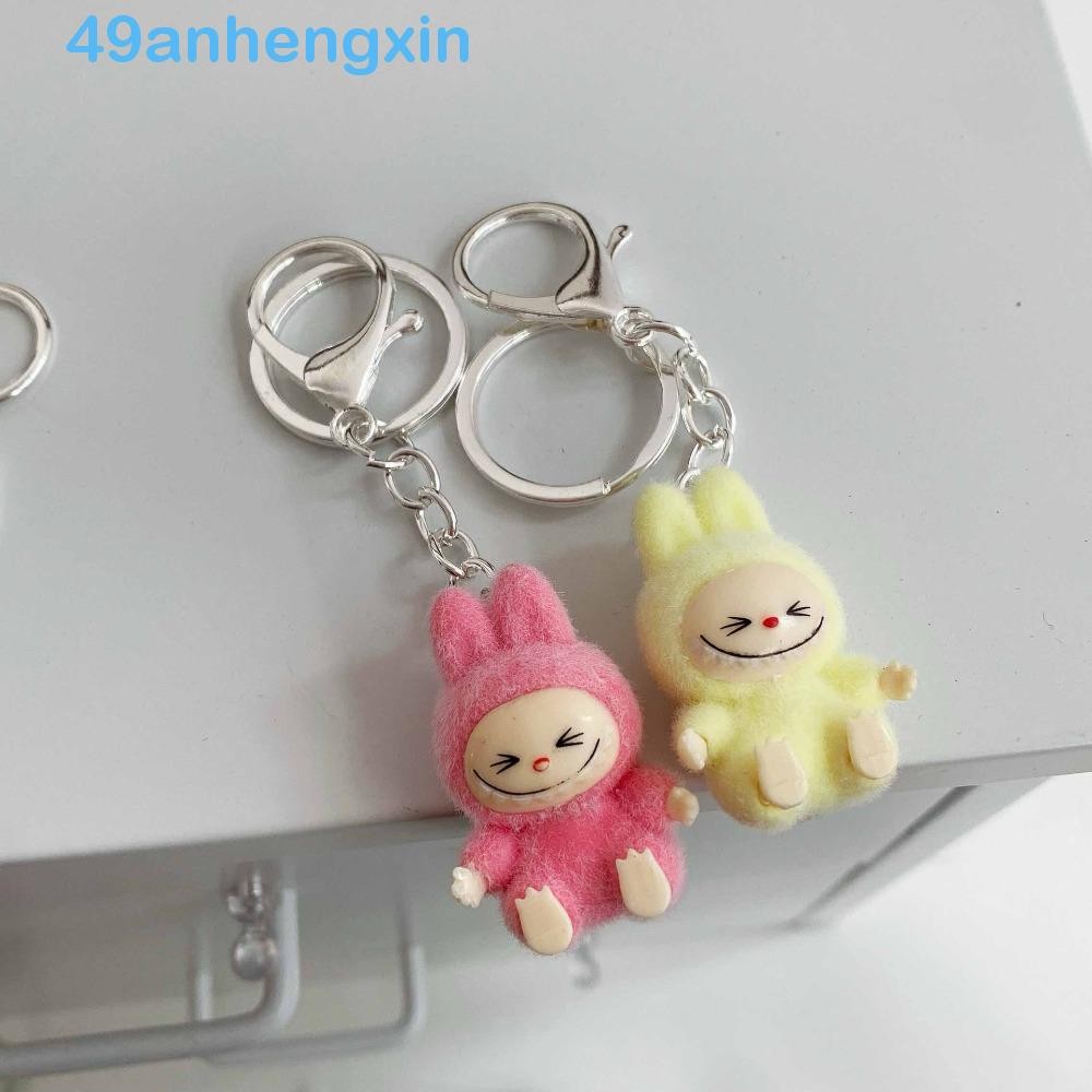ANHENGXIN Flocking Labubu Key Ring, Bell Silica Gel Sit Down Labubu ...