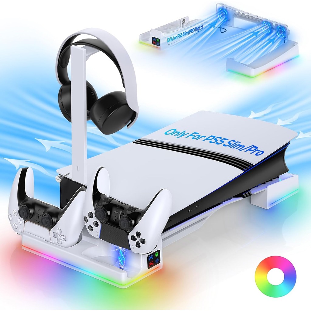 PS5 PRO & Slim RGB Horizontal Stand & Auto Cooling Station with 3-Gear ...