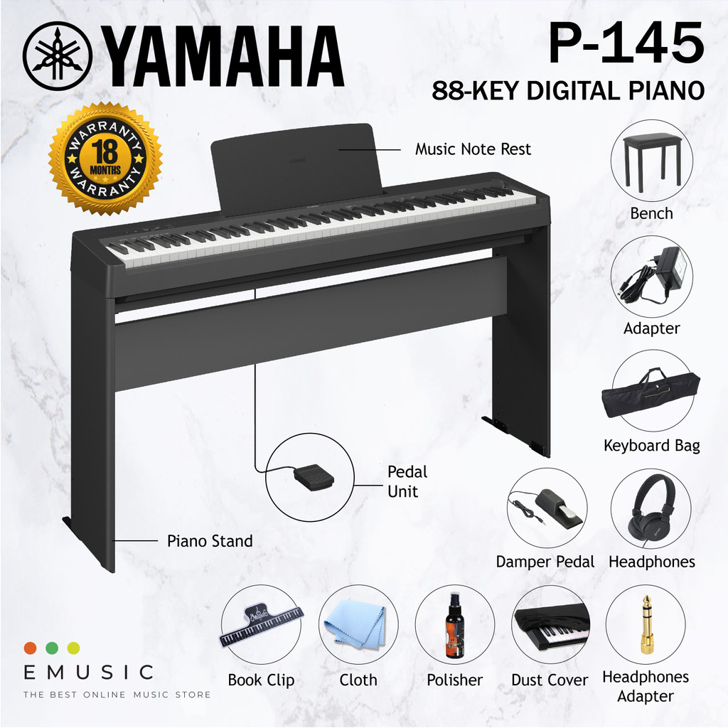 Yamaha P-145 88-key Digital Piano with Piano Stand, Bench, and Keyboard Bag (P145 / P 145 ...