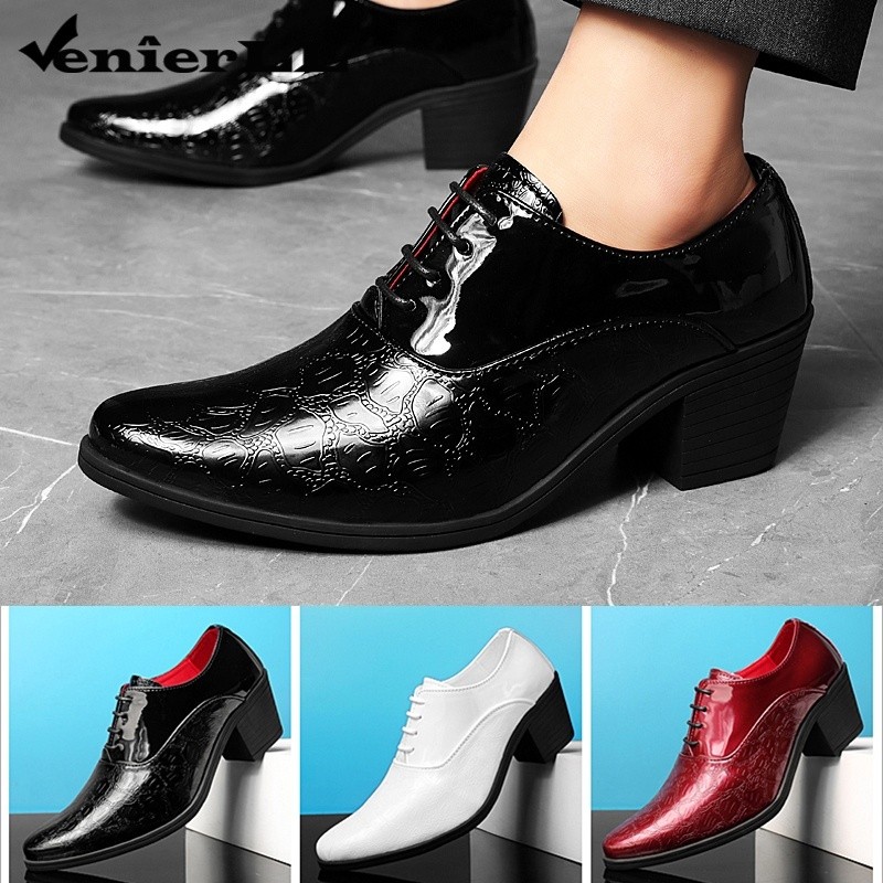 New Style Wedge Heel Leather Shoes Korean Version Men's Patent Pointed ...