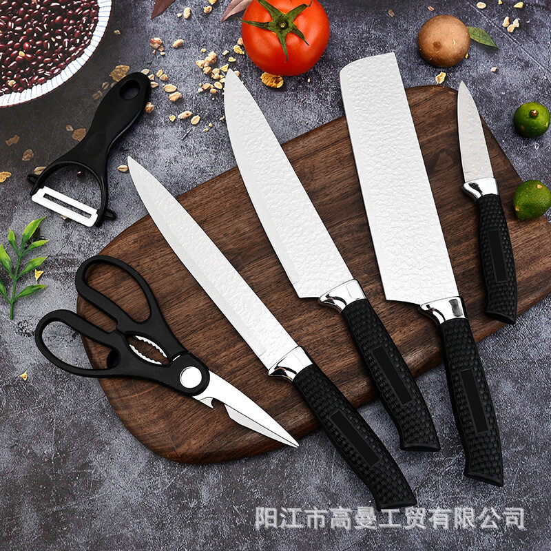 Six-piece household knife set with stainless steel ice-point hammered ...