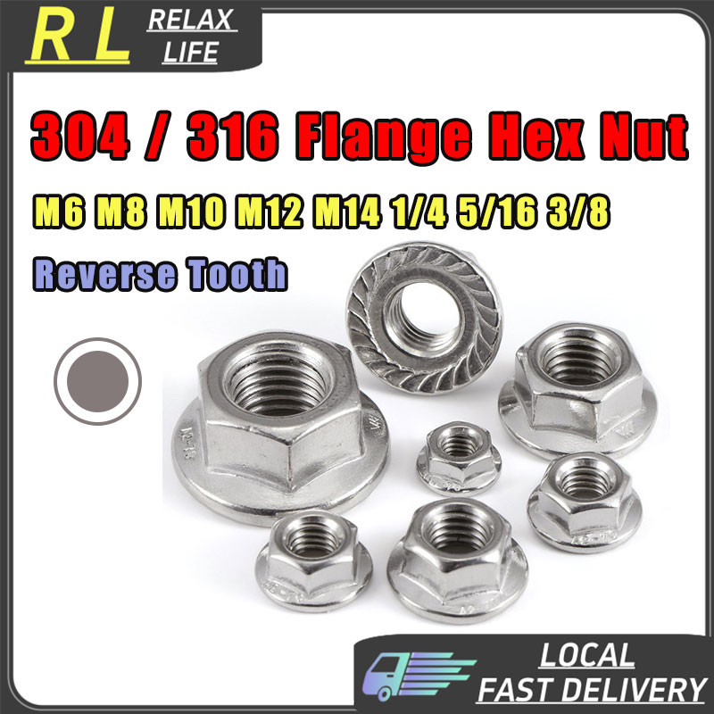 [RL] M6-M14 Flange Nut [ Reverse Tooth] With Thread 304 316 Stainless Steel M8 M10 M12 1/4 5/16 ...