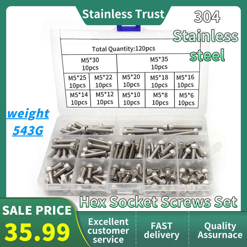 120pcs 304 Stainless Steel Hex Socket Screws Set, Cylinder Head Bolts ...