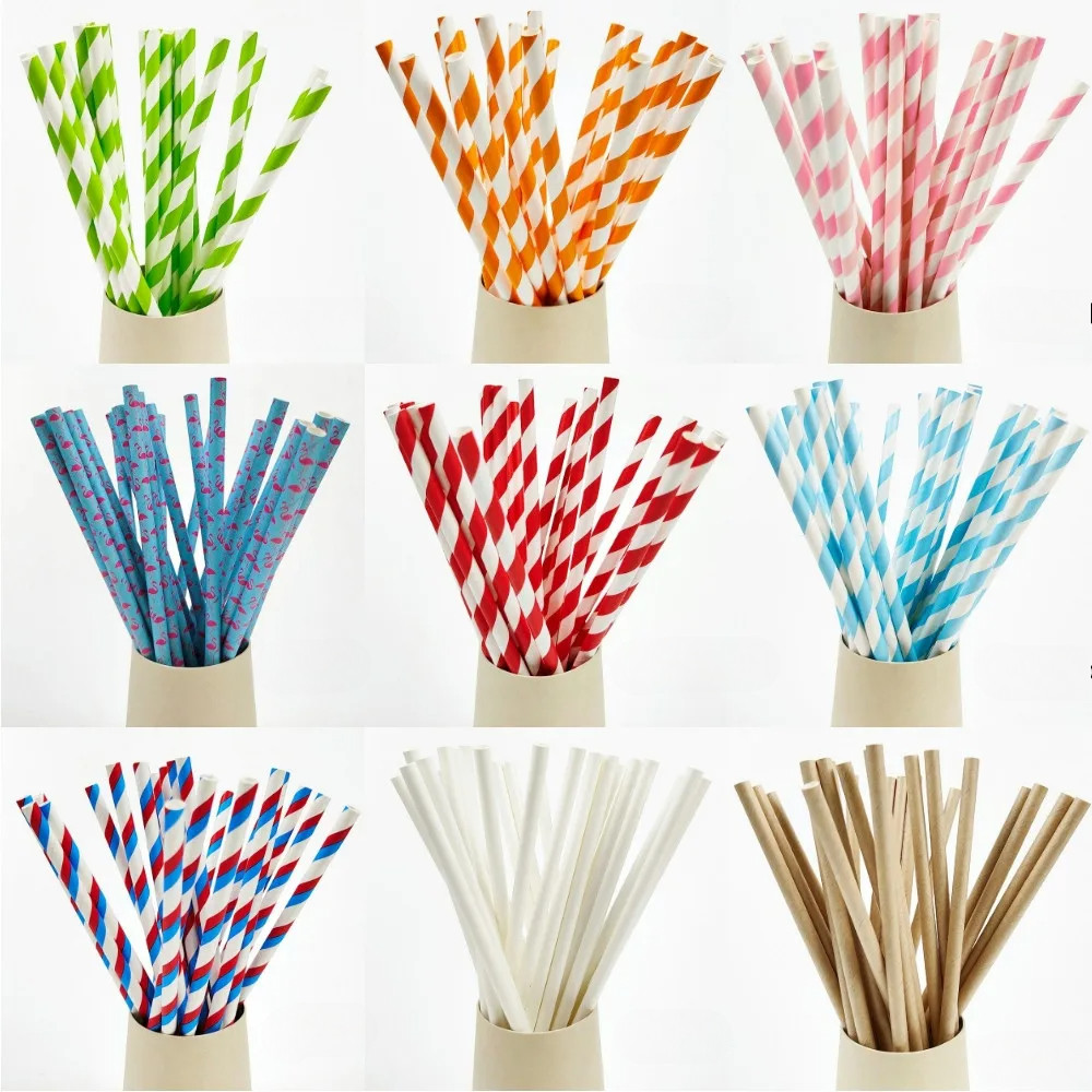 100Pcs Colorful Disposable Paper Straws Pink Blue Drinking Straws Juice ...