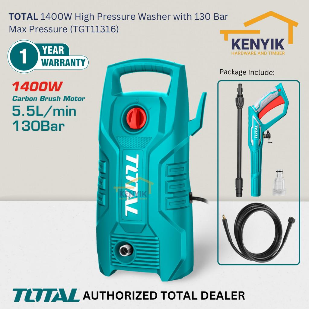 TOTAL 1400W High Pressure Washer with 130 Bar Max Pressure (TGT11316) | Shopee Malaysia