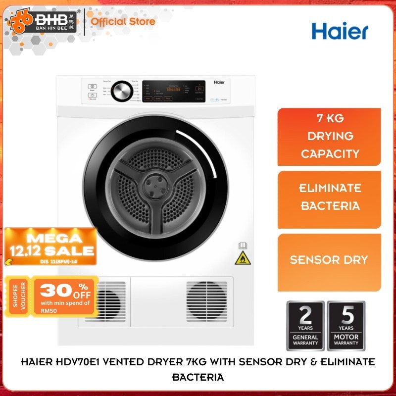 Haier Vented Dryer HDV70E1 7kg With Sensor Dry & Eliminate Bacteria ...