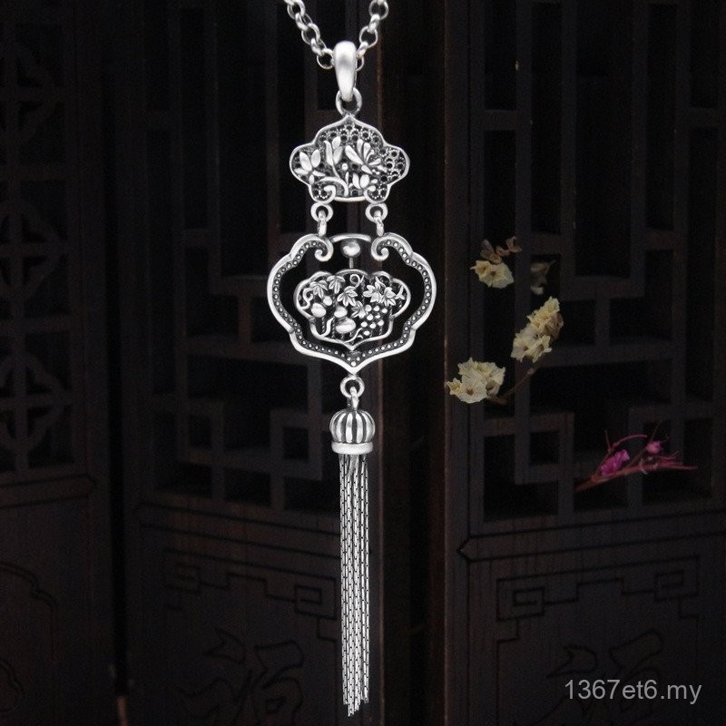 Kalung rumbai labu perak kaki S999 aksesori gantung wanita gaya retro ...