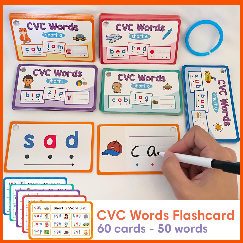 60 Cards English CVC Word Flashcard, 50 Words Phonics Reading Spelling ...