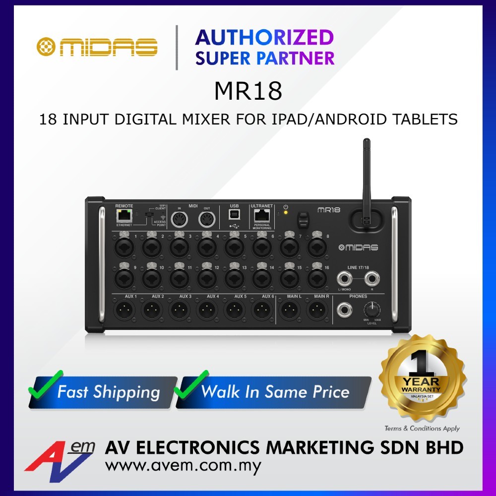 MIDAS MR18 18-Input Digital Mixer for iPad/Android Tablets with 16 Midas PRO Preamps, Integrated ...