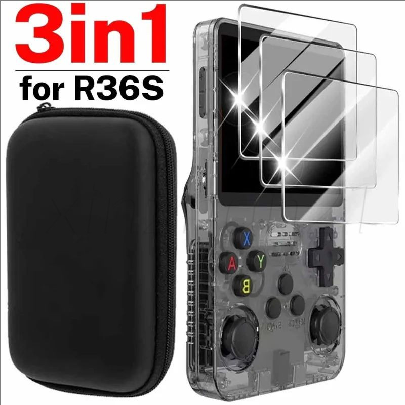 For R36S Game Console - Storage Case & Tempered Glass Screen Protectors ...