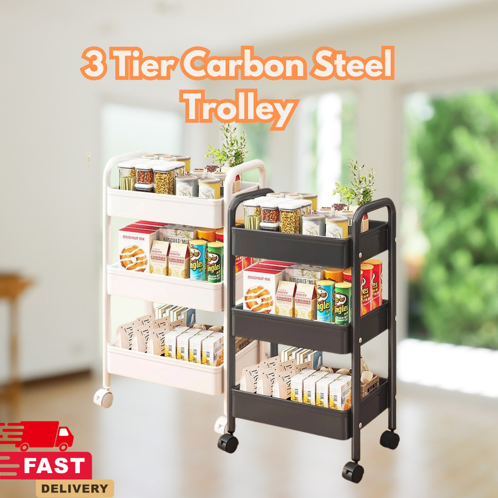 3 Tier Carbon Steel Trolley With Wheel Kitchen Moveable Storage Rack ...
