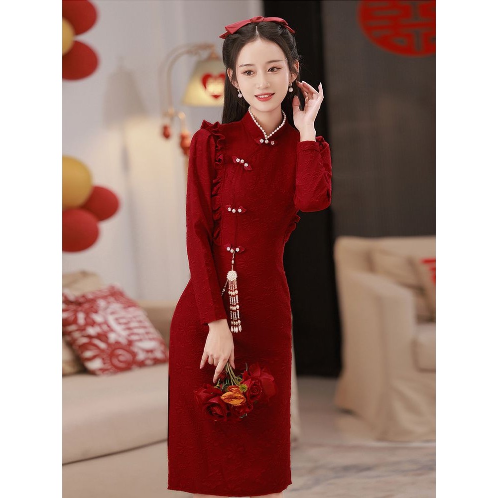 Wine-red Chinese Toast Outfit Long-sleeved Engagement Dress for The ...