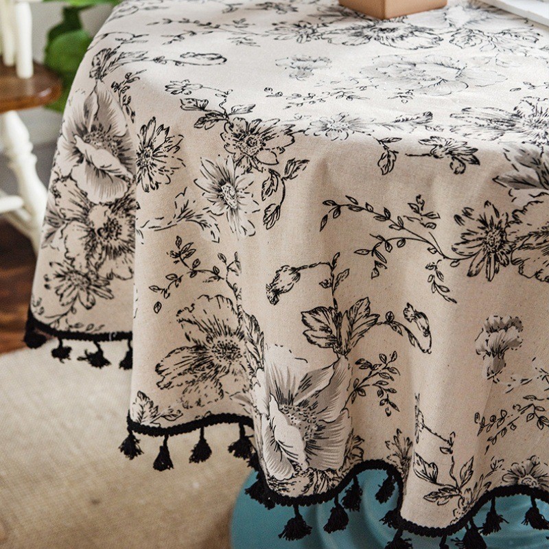 Peony Tassel Tablecloth Vintage Cotton Linen Round Table Cloth High ...