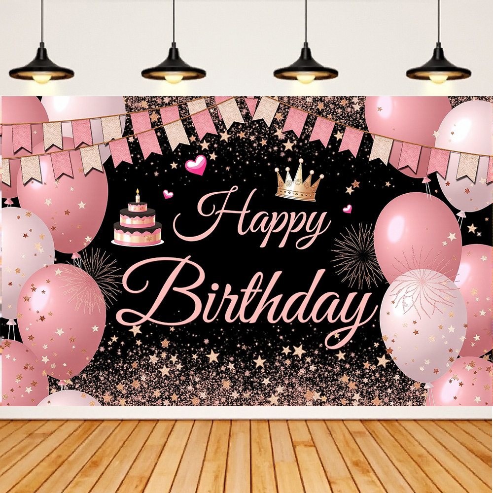 Happy Birthday Party Backdrop Banner for Men Women Black Pink Gold Balloons Glitter Bokeh Spots ...