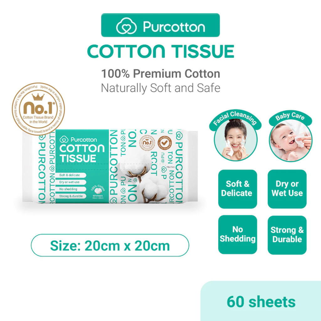 Purcotton 100% Cotton Tissue 60 sheet 20x20cm | Shopee Malaysia