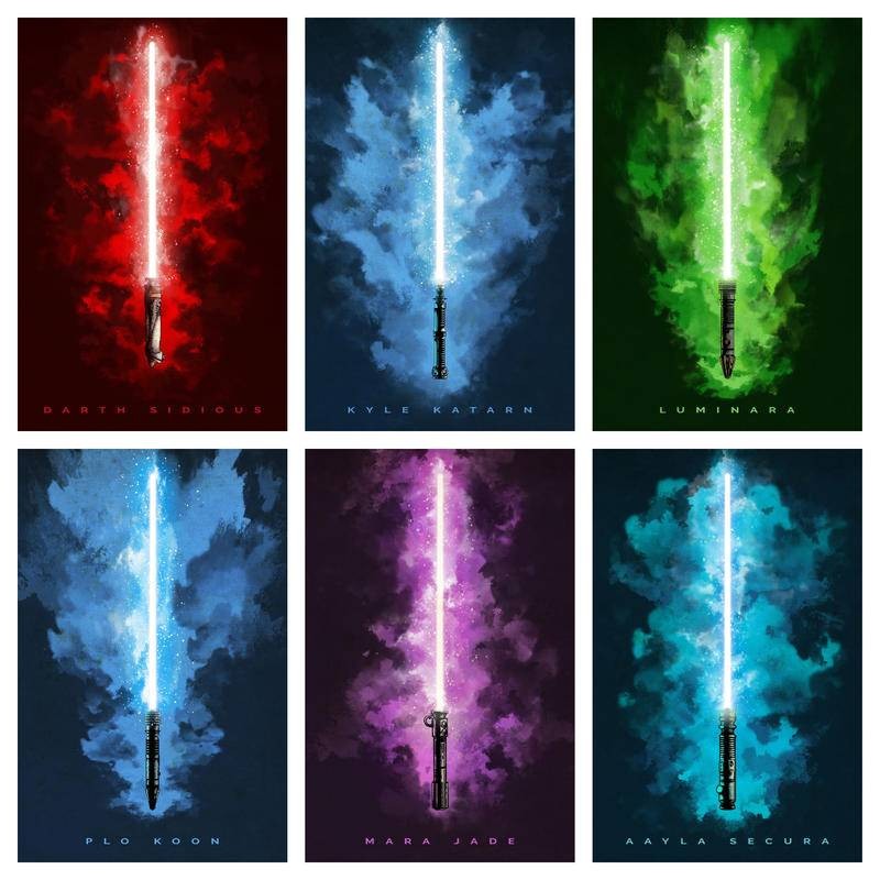 Star Wars Lightsabers Luminara Print Kyle Katarn Plo Koon Aayla Secura ...