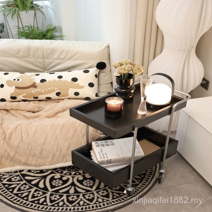Nordic Solid Wood Movable Trolley Side Table Small Apartment Living ...