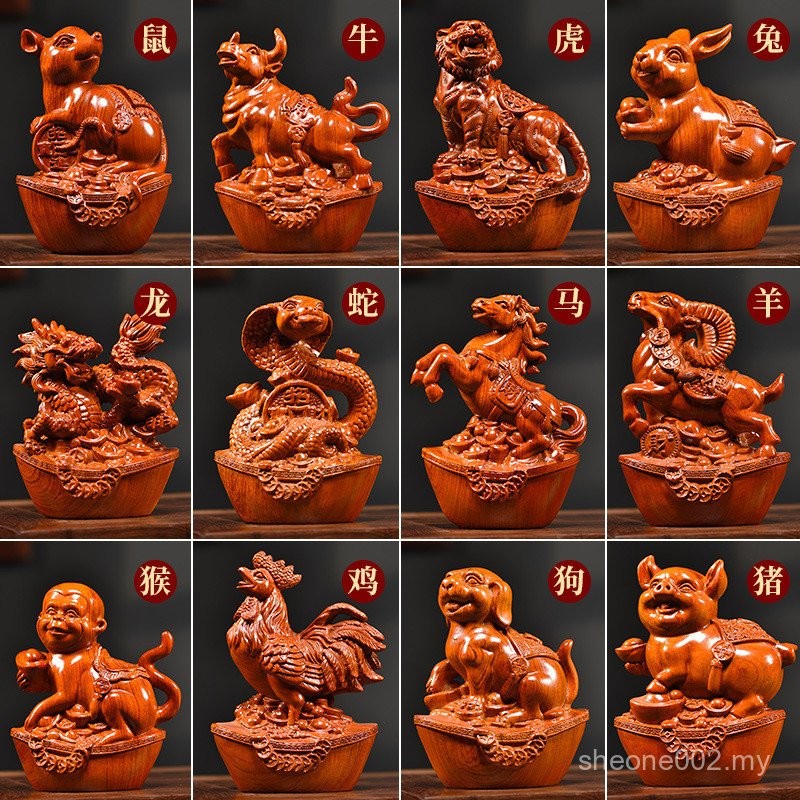 Rosewood Carving Zodiac Ornaments a Set Solid Wooden Rat Ox Tiger ...