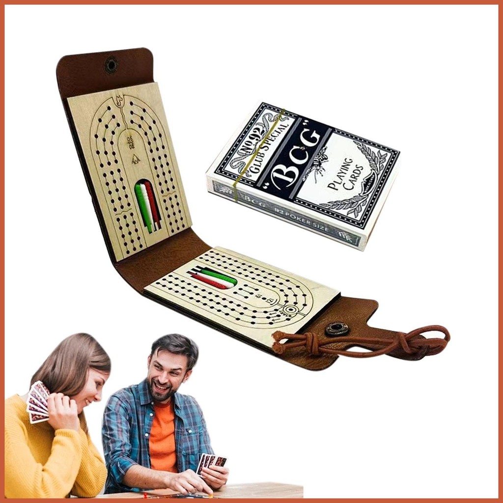 Cribbage Board Set Wood Cribbage Board Faux Leather Case Traditional ...