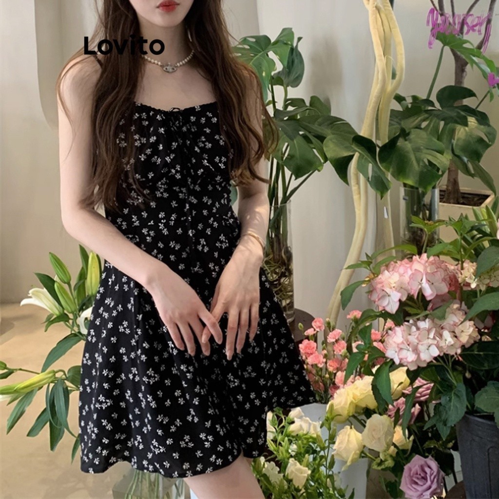Lovito Casual Ditsy Floral Draped A-Line Summer Dress for Women ...