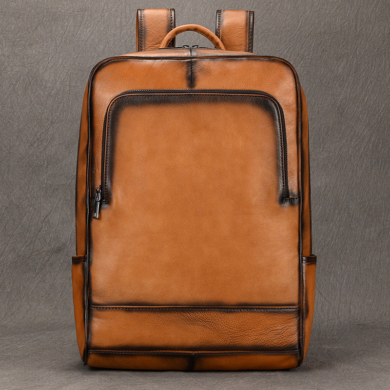 New Men's Brush Color Leather Backpack Retro Computer Bag Vegetable Tanned Leather First Layer ...