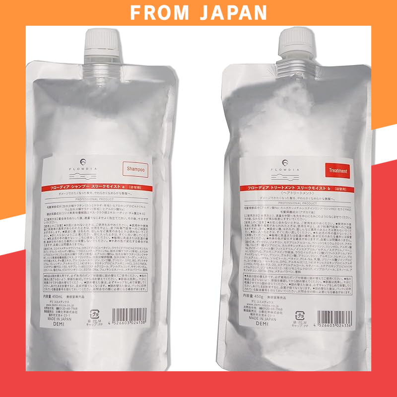 [Rusion Set] DEMI Flowdia Shampoo Sleek Moist Refill 450ml & Treatment Refill 450g Renewal ...