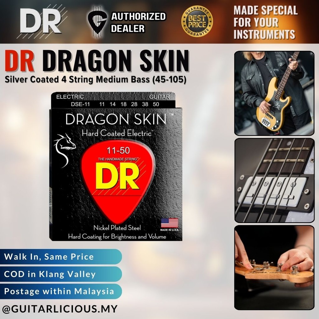 DR Dragon Skin Silver Coated 4 String Medium Electric Bass Strings 45-105 | Shopee Malaysia