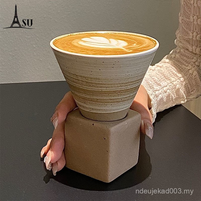 Cawan kopi tanah liat jalur buatan tangan Cina yang sederhana, cawan ...