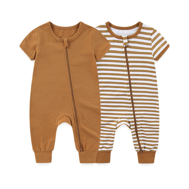 2PCS Unisex Soild Short Sleeve Zipper Baby Boy Girl Rompers Soft Cotton ...